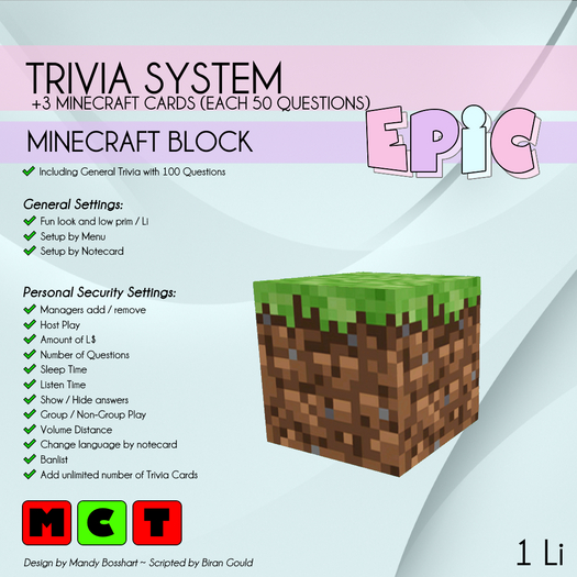 Second Life Marketplace - [EPIC Trivia System] Minecraft Block (ADD ME)